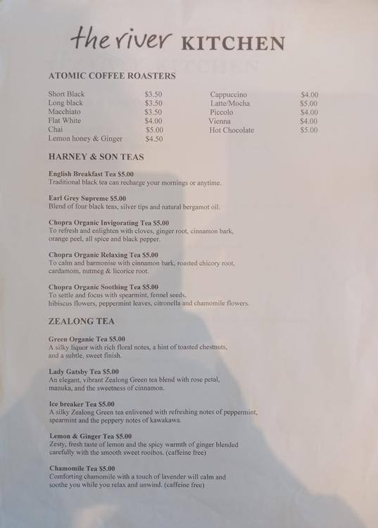 Menu at The River Kitchen cafe, Hamilton