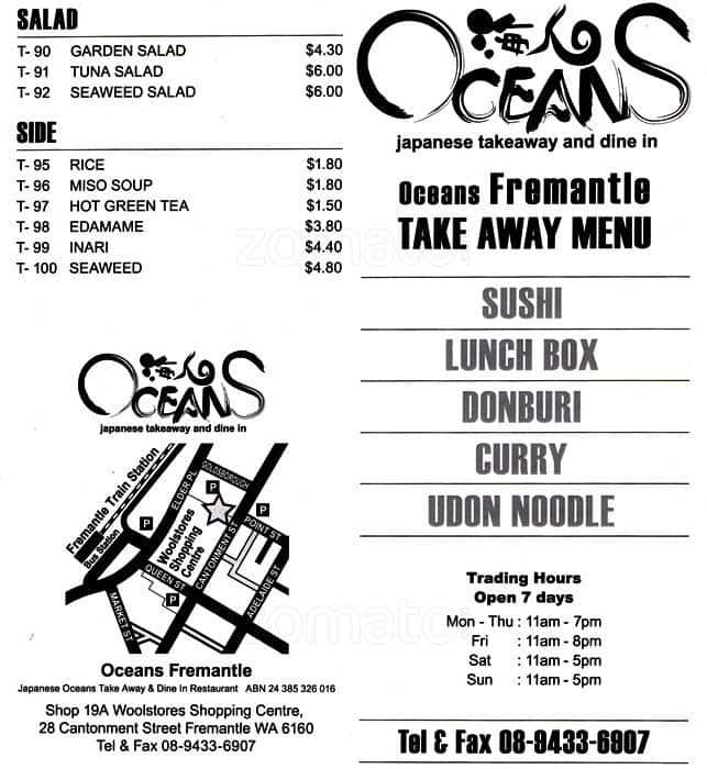 Menu at Oceans restaurant, Fremantle