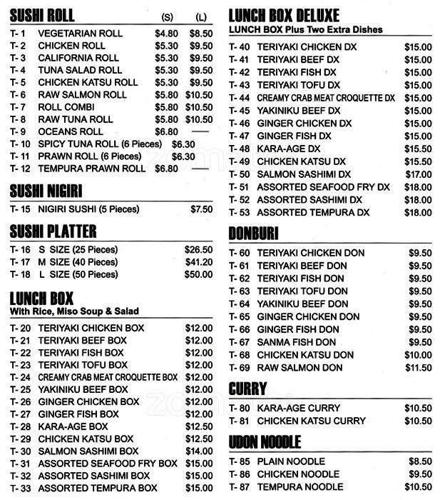 Menu at Oceans restaurant, Fremantle