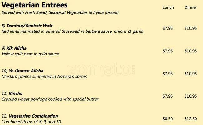 Menu at Asmara Restaurant, Oakland