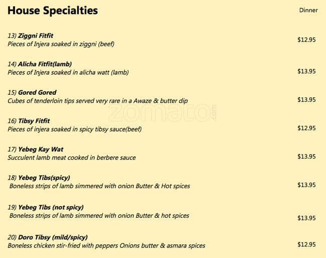 Menu at Asmara Restaurant, Oakland