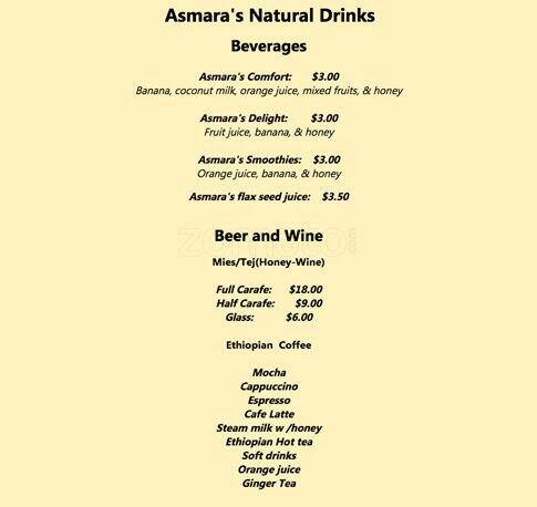Menu at Asmara Restaurant, Oakland