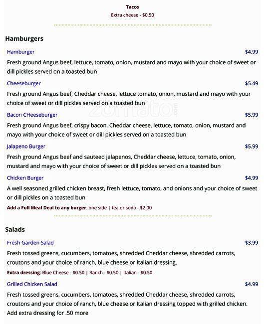 Menu at Jimmy Burgers restaurant, Pipe Creek