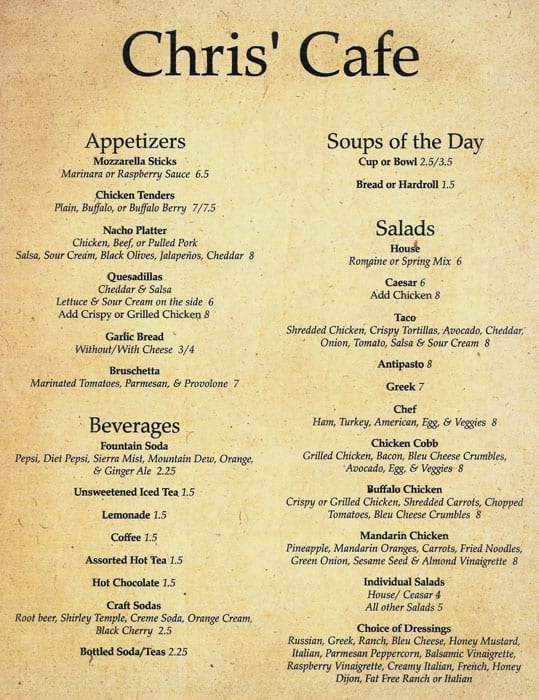 Menu at Chris' Cafe, Valatie
