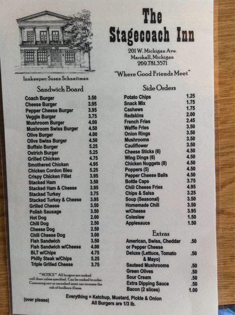 Menu at Stagecoach Inn pub & bar, Marshall