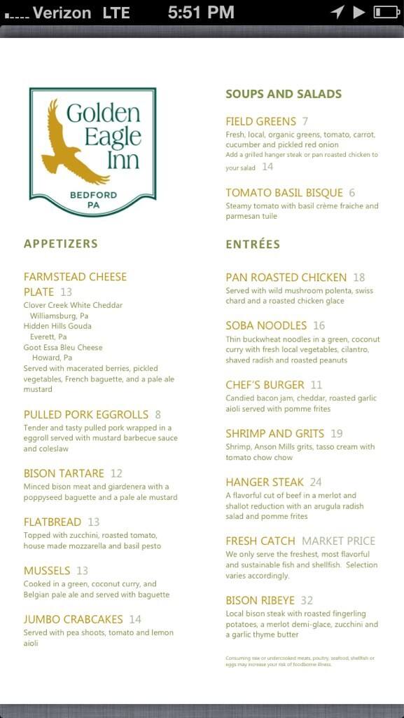 Menu at Golden Eagle Inn pub & bar, Bedford, 131 E Pitt St