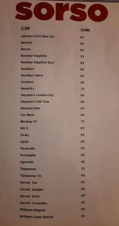 Menu at Sorso pub & bar, Abu Dhabi