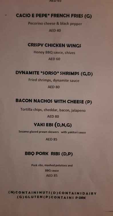 Menu at Sorso pub & bar, Abu Dhabi