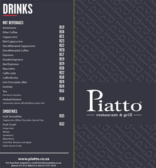 Menu at Piatto restaurant, Randburg, Cedar Square