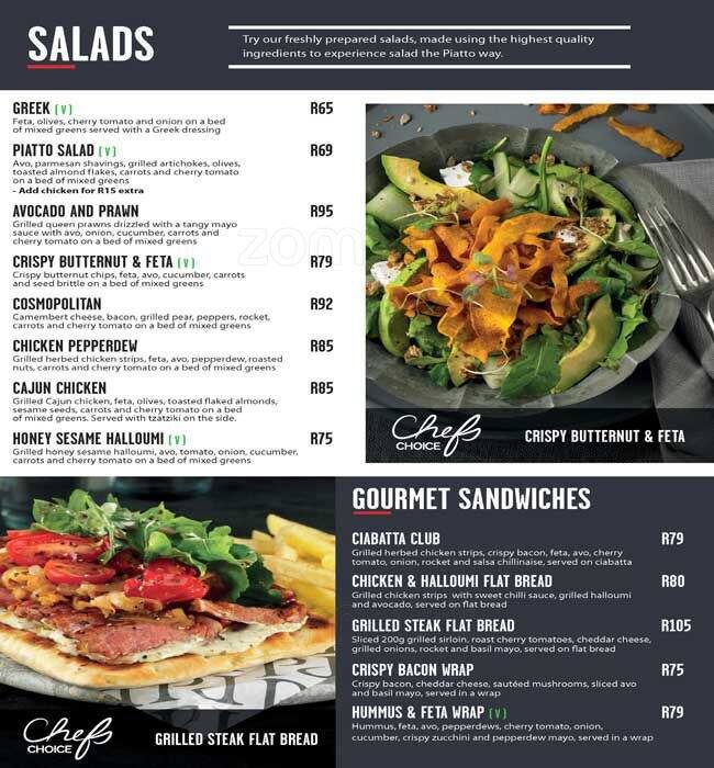 Menu at Piatto restaurant, Randburg, Cedar Square