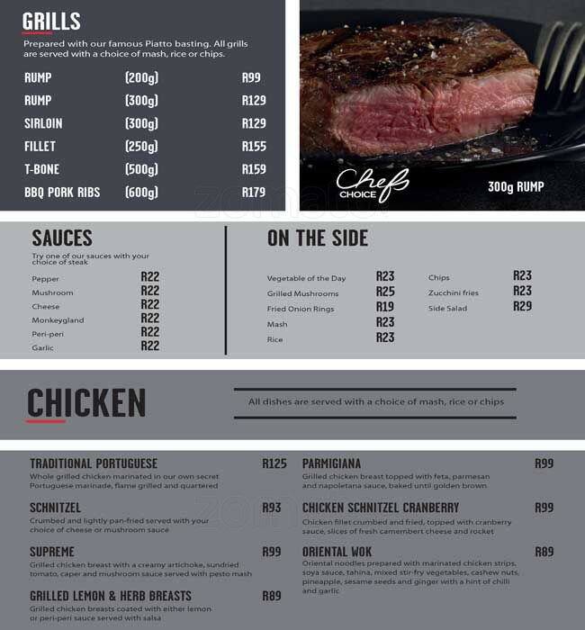 Menu at Piatto restaurant, Randburg, Cedar Square