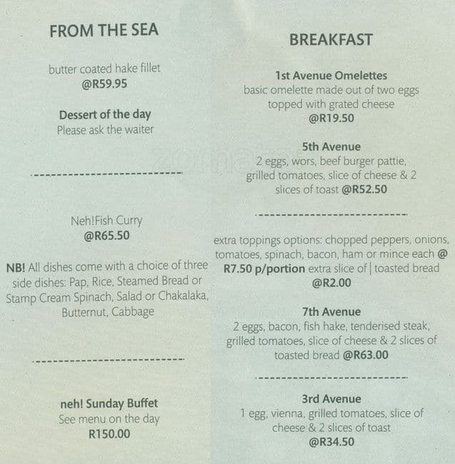 Menu at CLUB NEH, Johannesburg