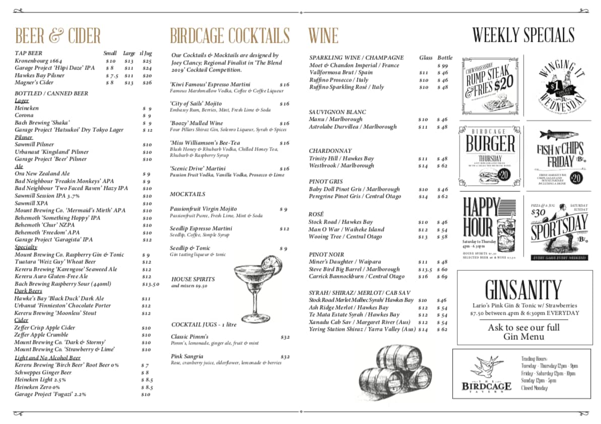 Menu at The Birdcage pub & bar, Auckland