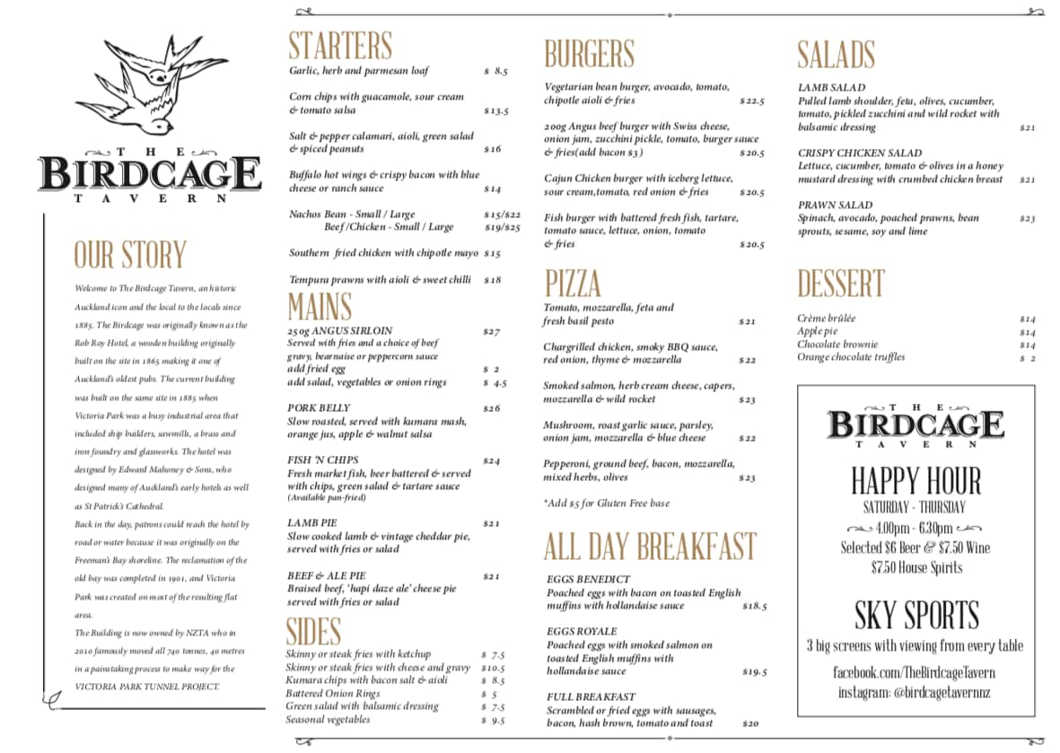 Menu at The Birdcage pub & bar, Auckland