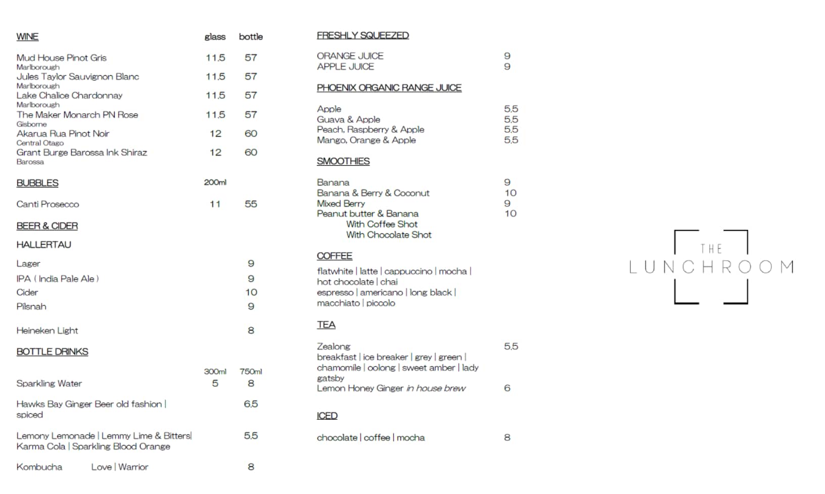 Menu at The Lunchroom cafe, Auckland, level 1/45 Queen St