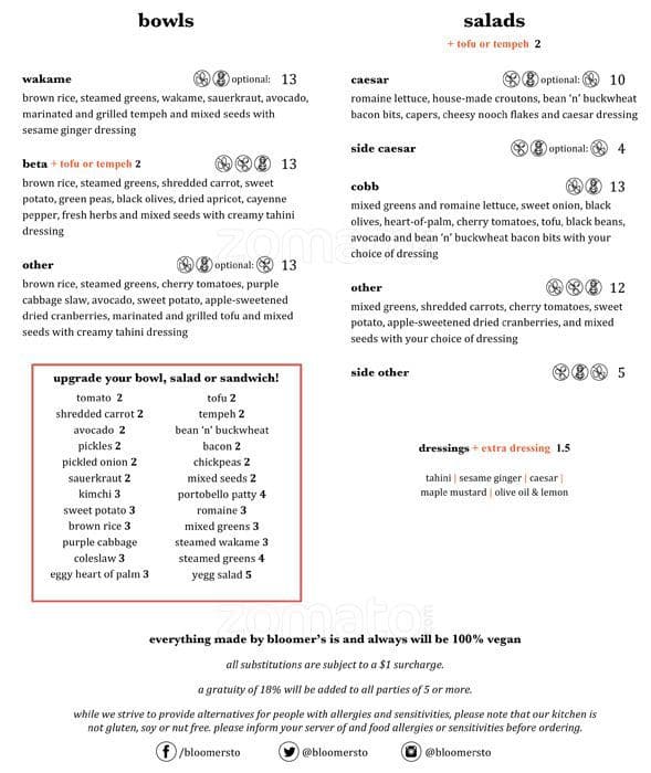 Menu at bloomer's Bloor cafe, Toronto, 873 Bloor St W