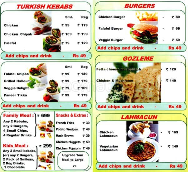 Menu at Australia's Sunshine Kebab, Hyderabad