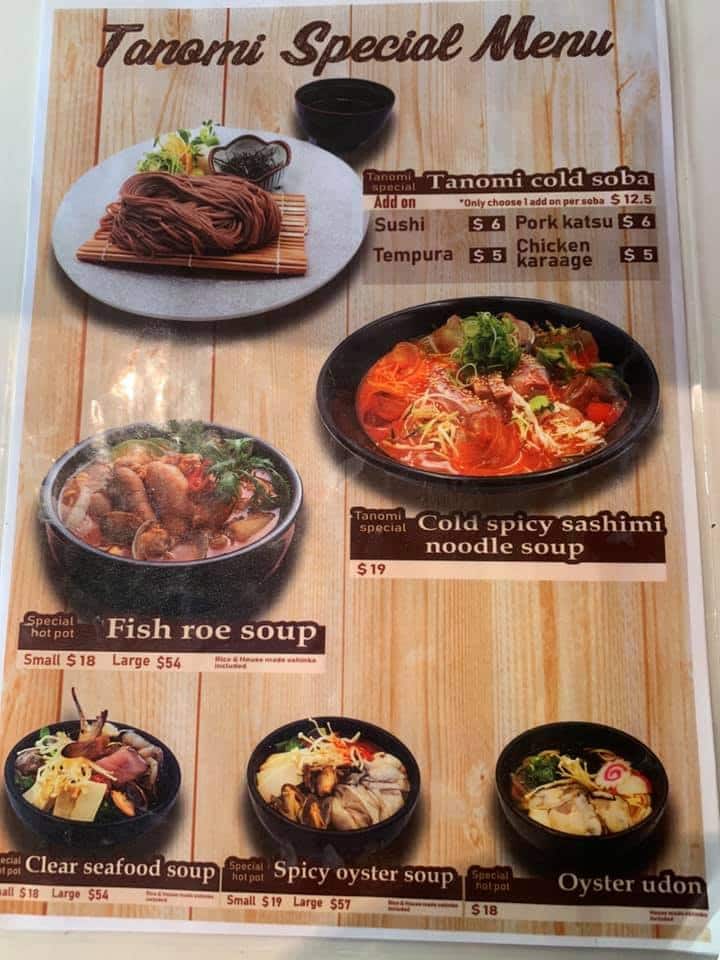 Menu at Tanomi restaurant, Lidcombe