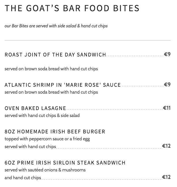 Menu at The Goat Bar & Grill, Dublin, 14 Lower Kilmacud Rd
