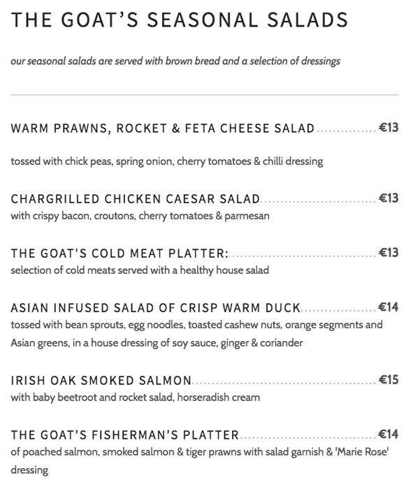 Menu at The Goat Bar & Grill, Dublin, 14 Lower Kilmacud Rd