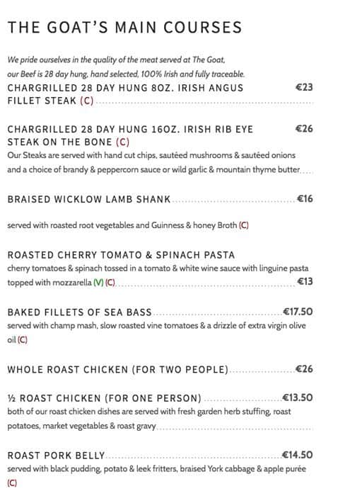 Menu at The Goat Bar & Grill, Dublin, 14 Lower Kilmacud Rd
