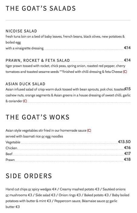 Menu at The Goat Bar & Grill, Dublin, 14 Lower Kilmacud Rd