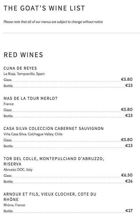 Menu at The Goat Bar & Grill, Dublin, 14 Lower Kilmacud Rd