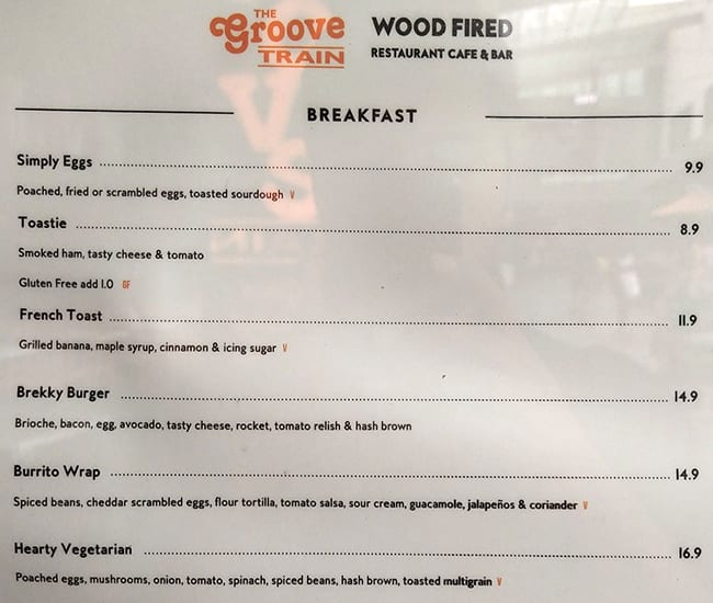 Menu at Groove Train cafe, Frankston