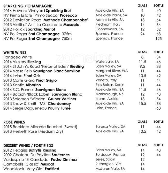 Menu at Panacea Restaurant, Adelaide