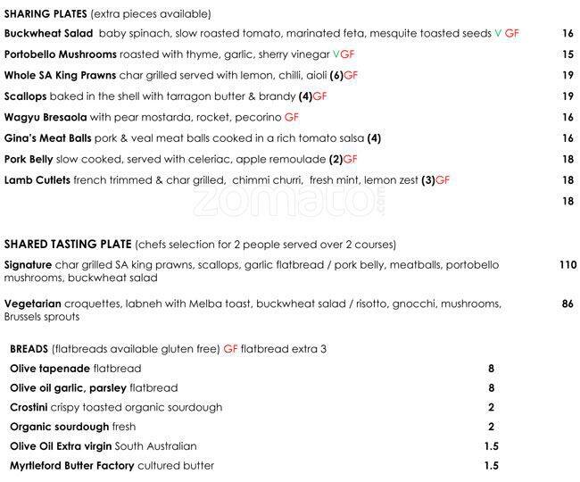 Menu at Panacea Restaurant, Adelaide