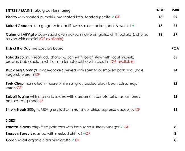 Menu at Panacea Restaurant, Adelaide