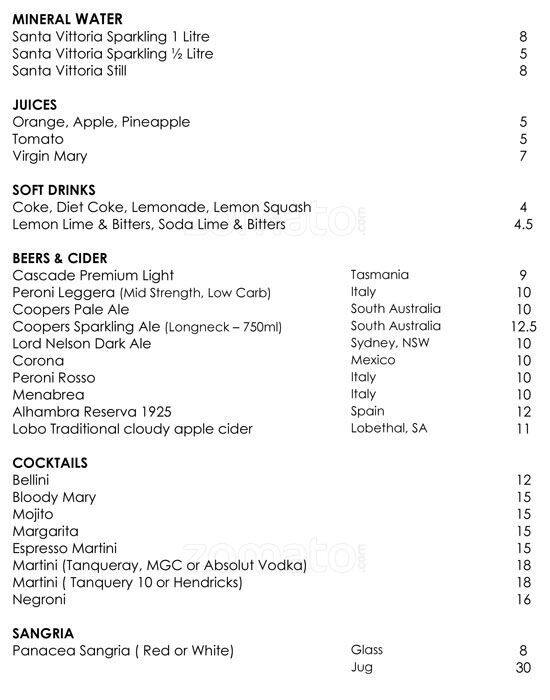 Menu at Panacea Restaurant, Adelaide