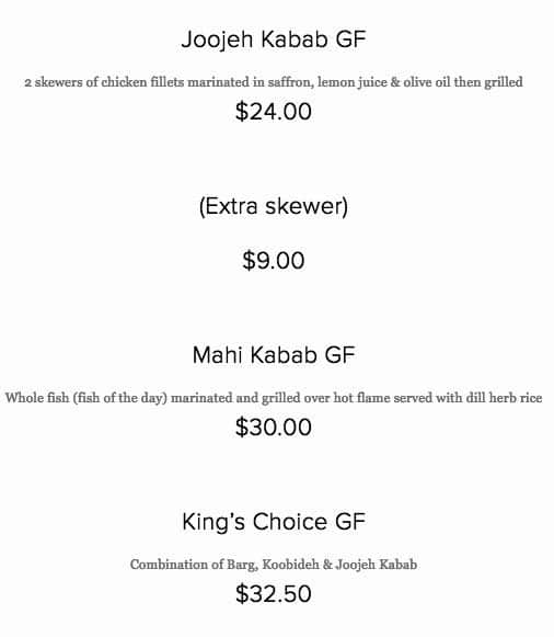 Menu at The Persian Restaurant, Bardon, 65 MacGregor Terrace