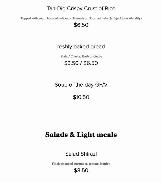 Menu at The Persian Restaurant, Bardon, 65 MacGregor Terrace