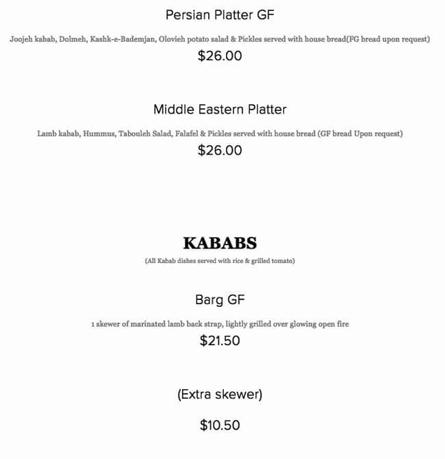 Menu at The Persian Restaurant, Bardon, 65 MacGregor Terrace