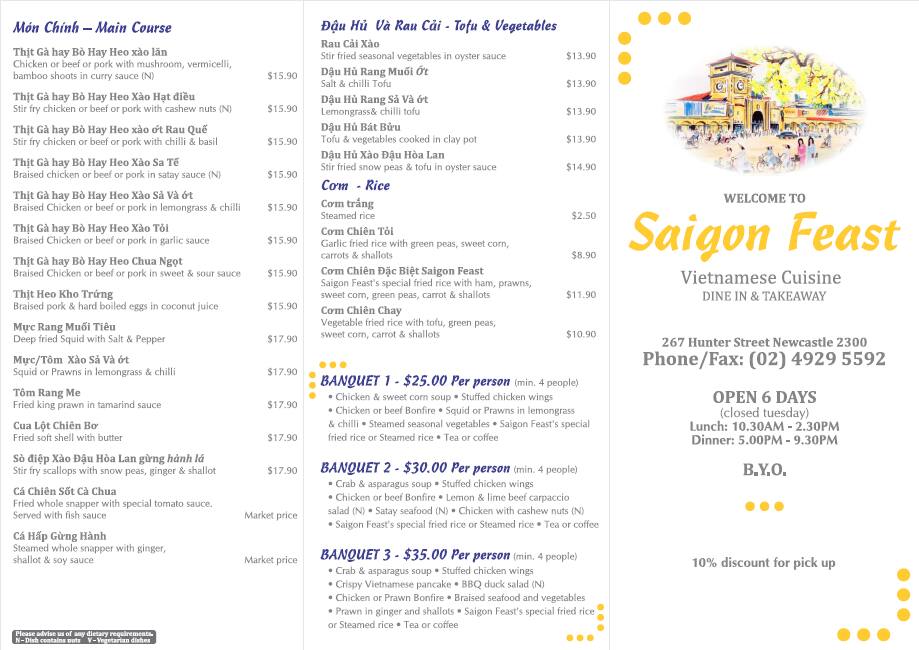 Menu at Saigon Feast restaurant, Newcastle