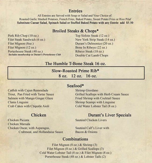 Menu at Durant's restaurant, Phoenix