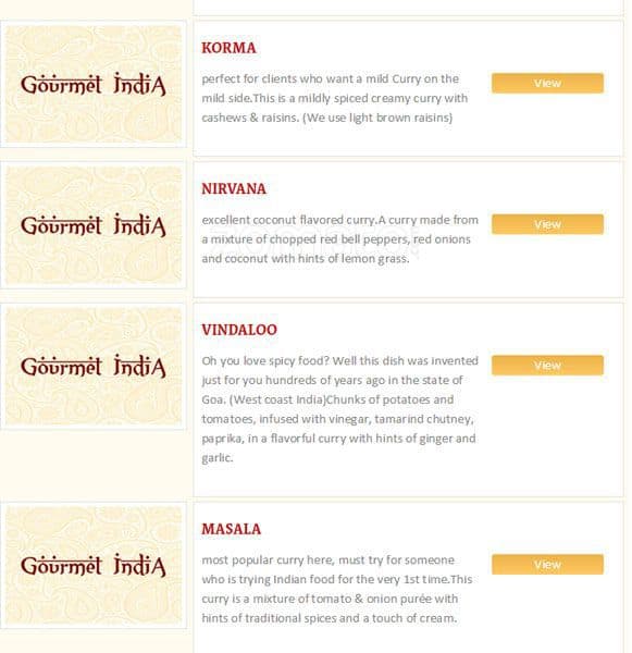 Carta de Gourmet India, San Diego