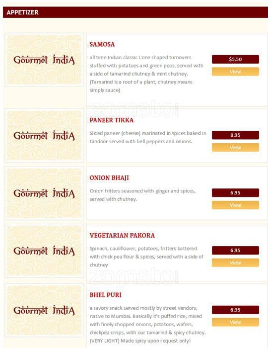 Carta de Gourmet India, San Diego