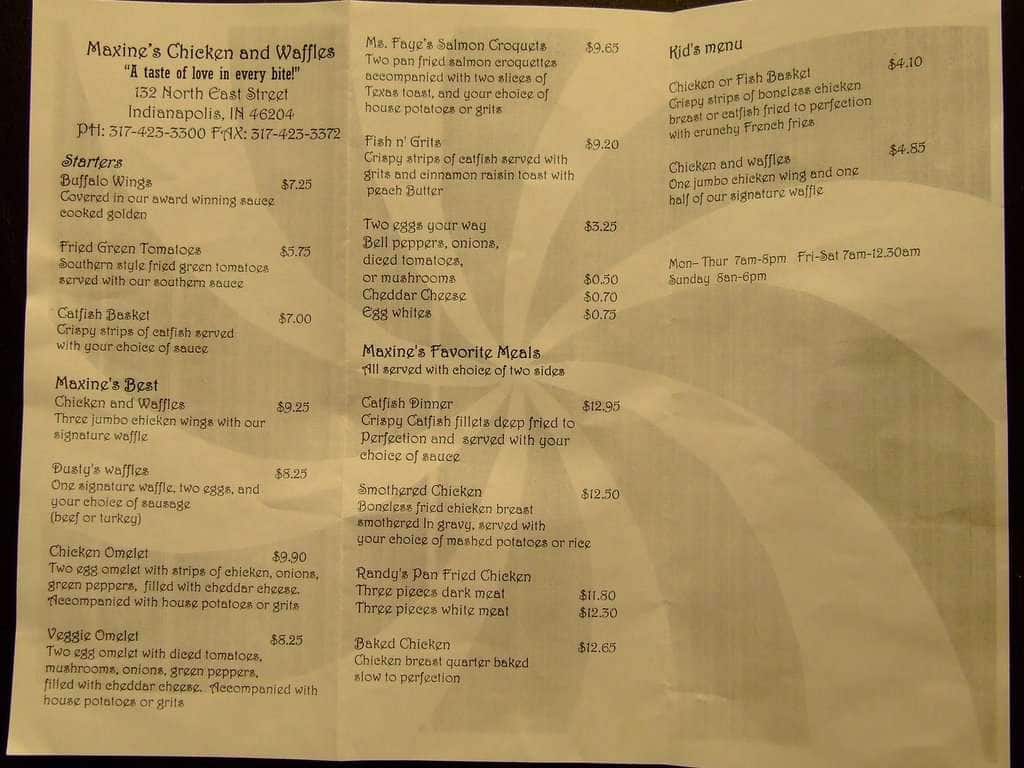 Menu at Maxine's Chicken & Waffles restaurant, Indianapolis