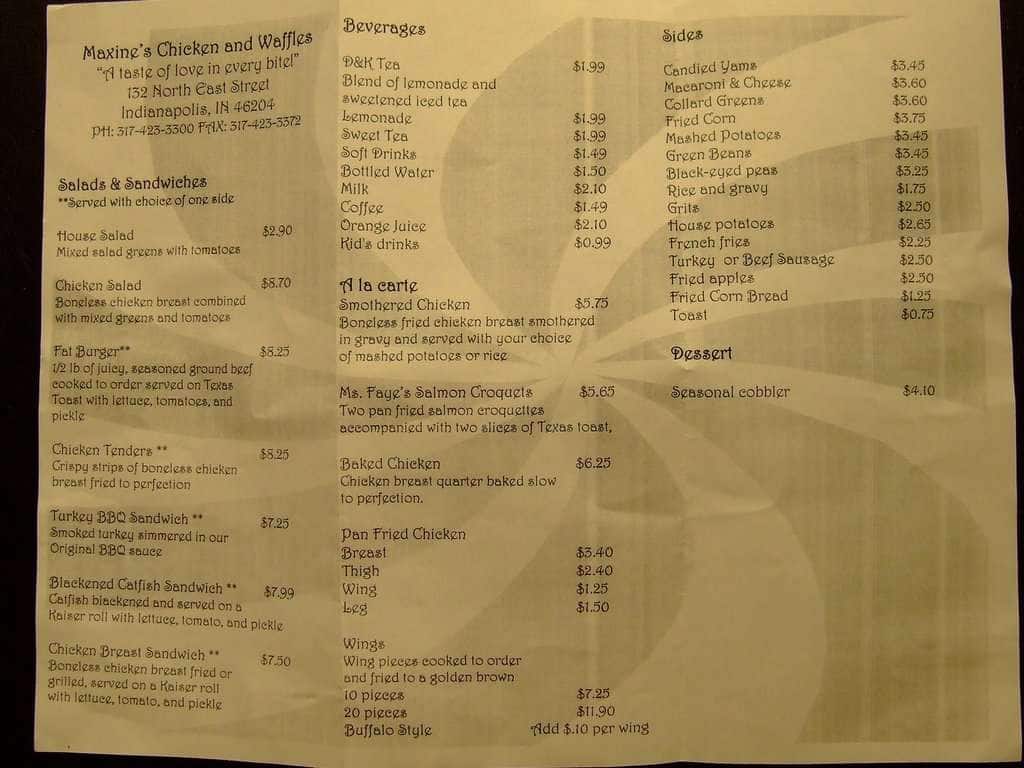 Menu at Maxine's Chicken & Waffles restaurant, Indianapolis