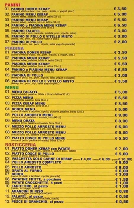 Menu da Istanbul Monte Ararat ristorante, Milano