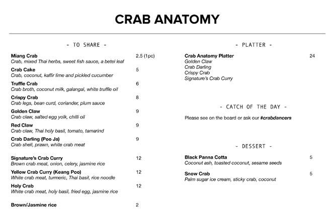 Menu at Crab Anatomy restaurant, London