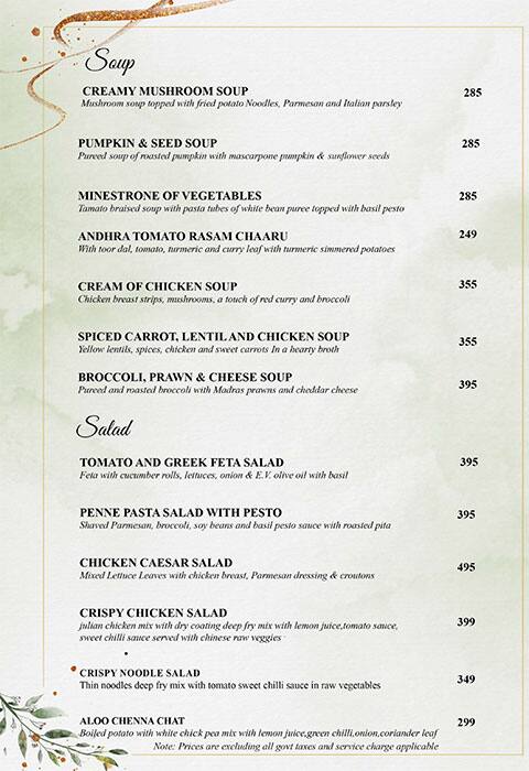 Menu of Elysian, Nungambakkam, Chennai