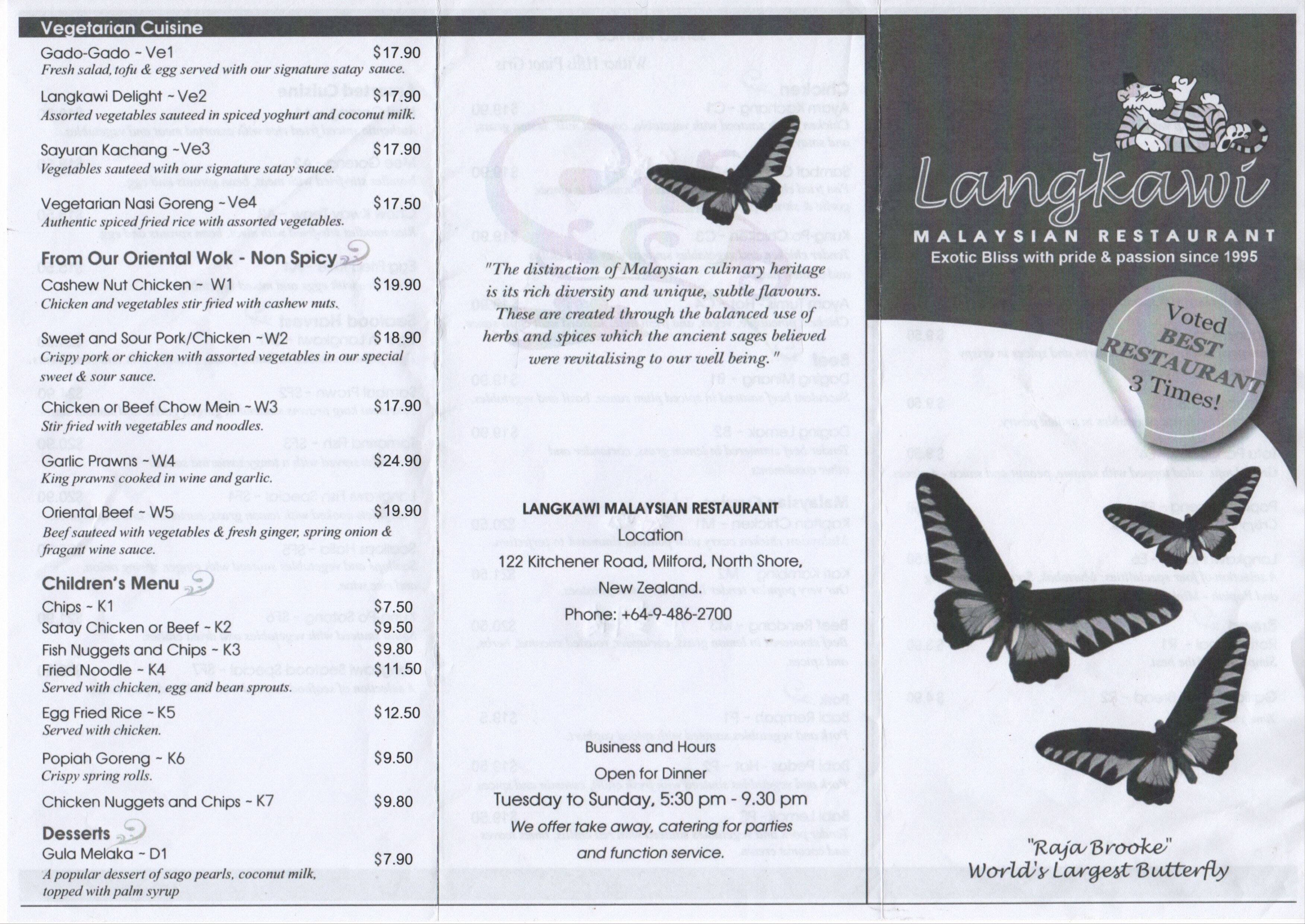 Menu at Langkawi Malaysian Restaurant, Auckland