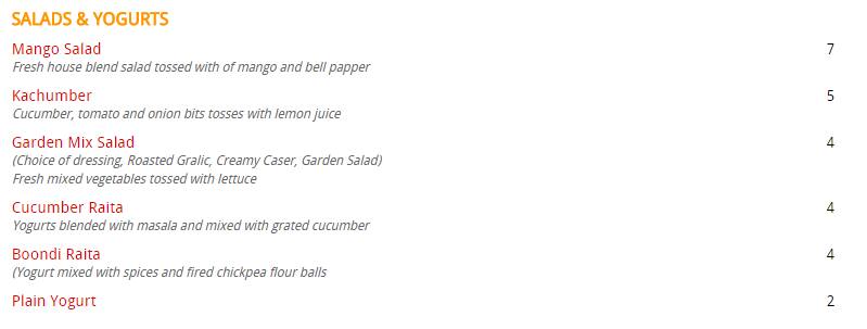 Menu at Shahi Mahal restaurant, Toronto