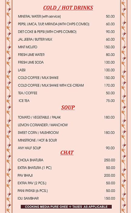 Menu of Chanakya Restaurant, Chitrakoot, Jaipur