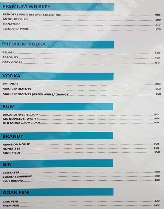 Menu at Alcove Restaurant and Bar, Vagator