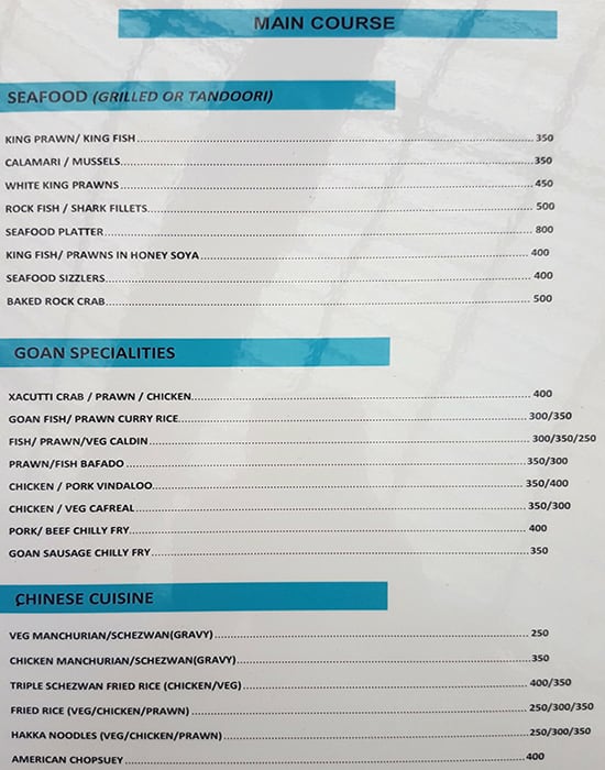 Menu at Alcove Restaurant and Bar, Vagator