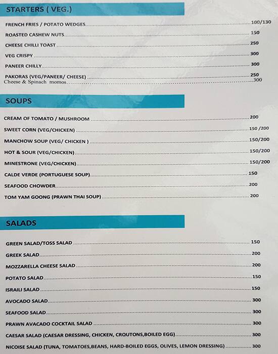 Menu at Alcove Restaurant and Bar, Vagator